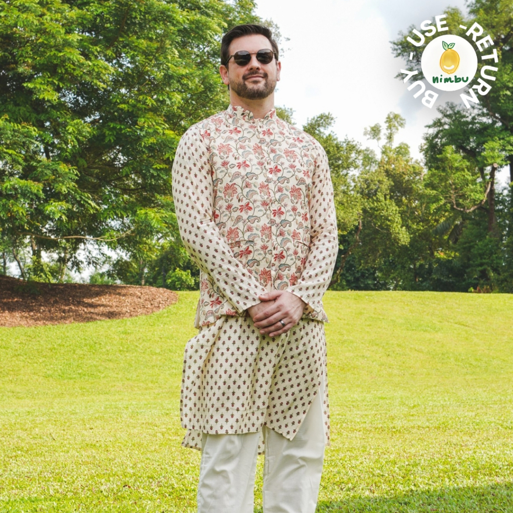 NIMBU Nia Mens Pearl White Floral Kurta Pajama Jacket set in Muslin ...