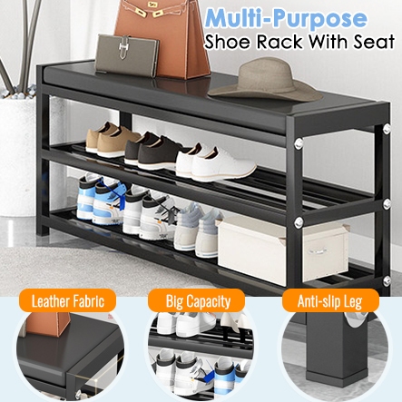 【75cm】 Multi-purpose Shoe Rack Bench with Faux Leather Seat / Shoe ...