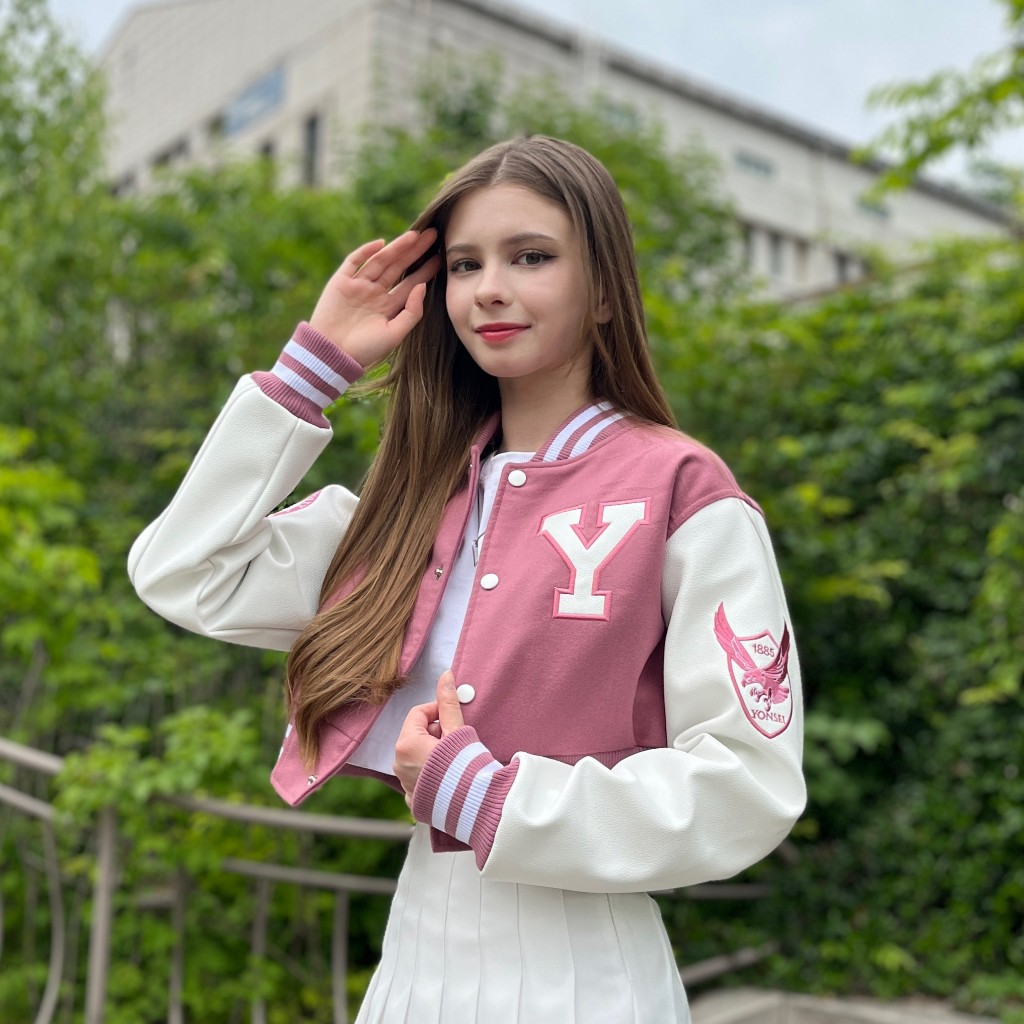 YONSEI Signature Light-Weight Cropped Baseball Jacket PINK (100% ...