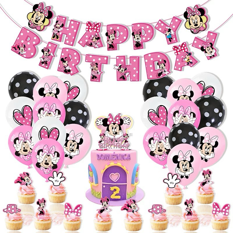 Party Disney Minnie Mouse Birthday Backdrop Banner Balloons Cupcake ...
