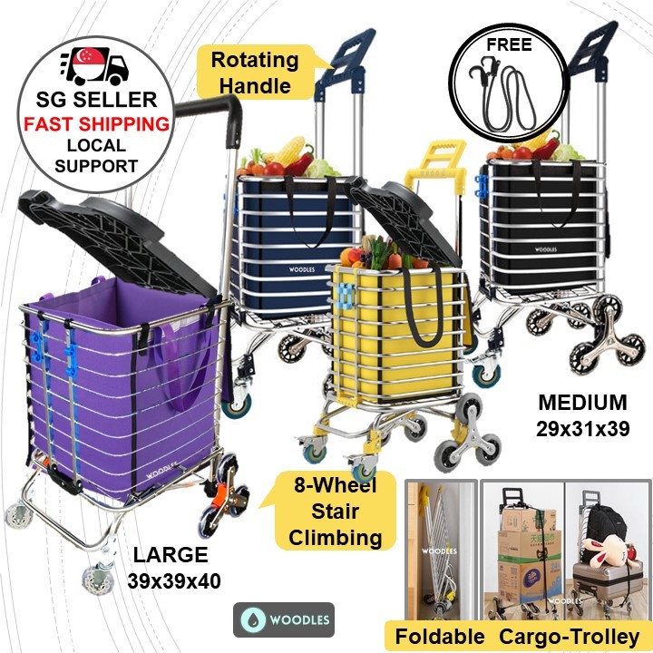 WOODLES Grocery Shopping Trolley with Wheels Foldable Stair Climbing 8 ...