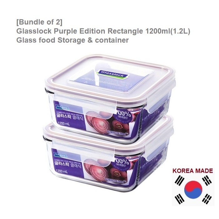 Glasslock Purple Edition Rectangle 1200ml, 1.2L, 2ea, Glass food Storage & container, Made in ...
