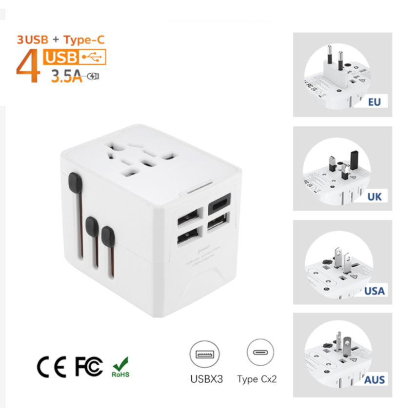 Universal Travel Adapter with 2 USB Ports 3 Type C Fast Charging Power ...