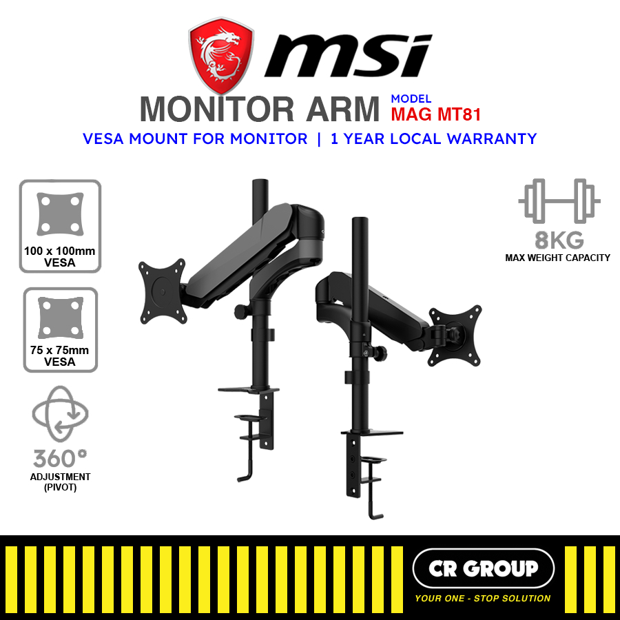 MSI MAG MT81 Single Monitor Arm Full Motion - 75x75/100x100mm Vesa ...