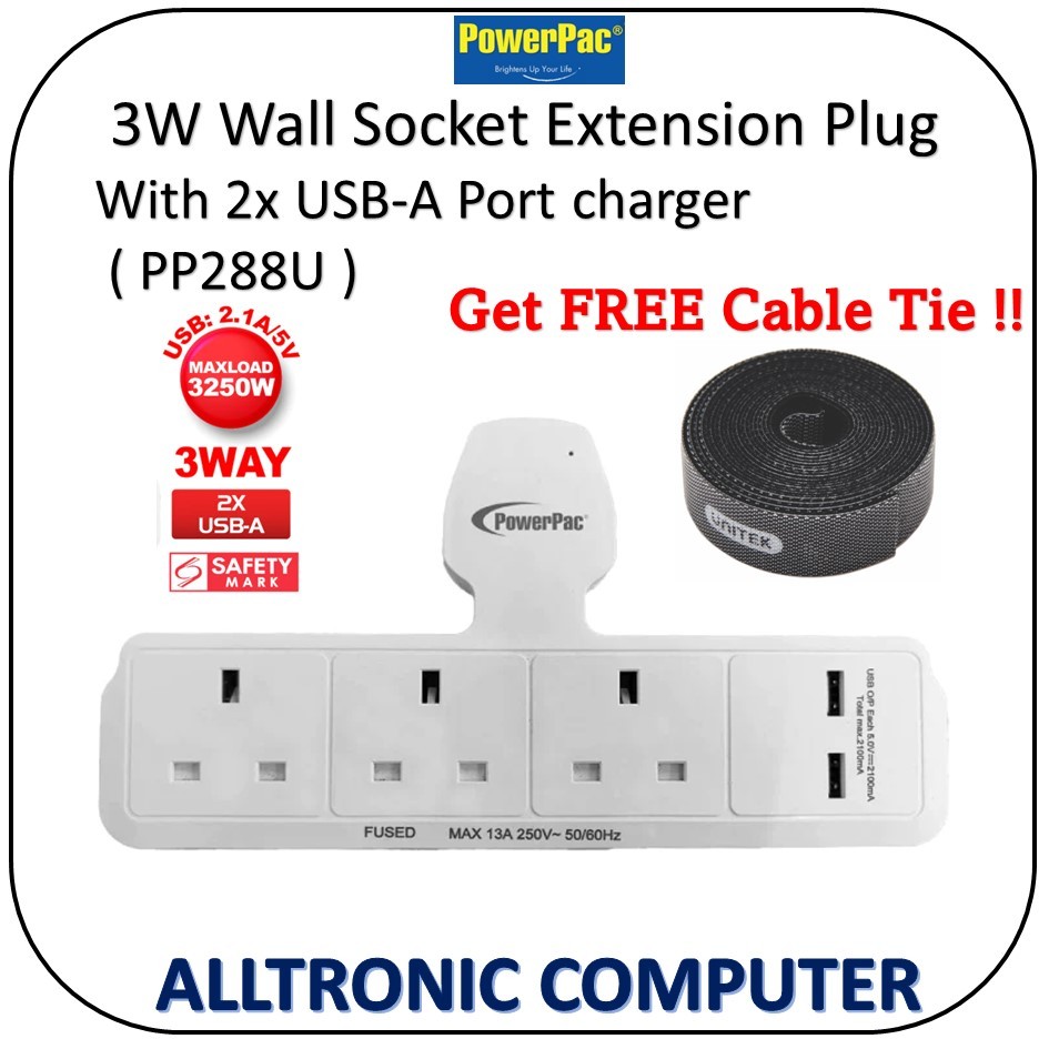 Powerpac 3W Wall socket Power Wall Extension Pug with 2x USB-A Port ...
