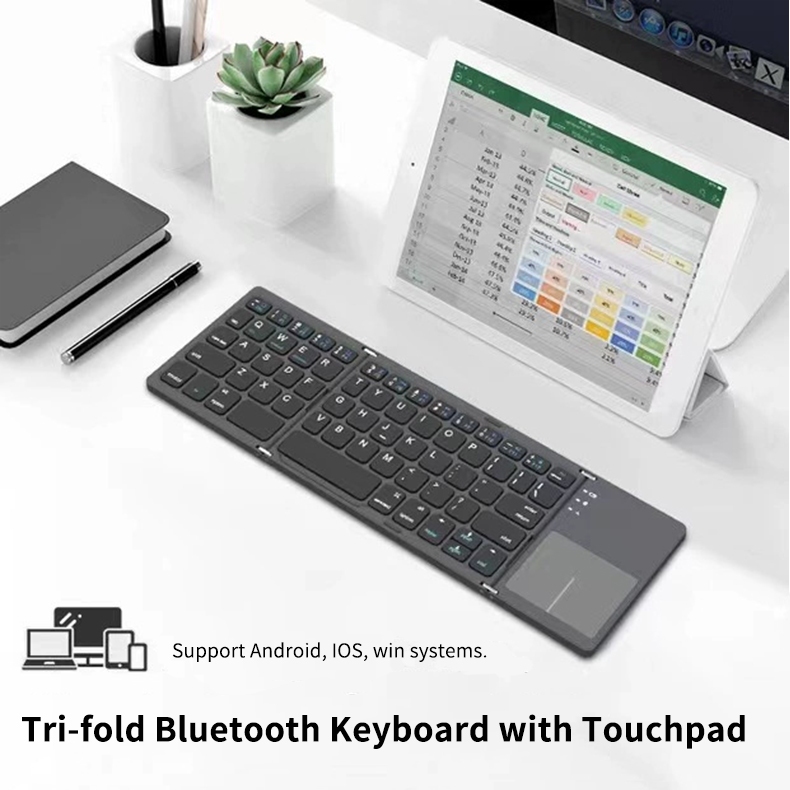 Triple Folding Bluetooth Keyboard with Trackpad Press Mouse Keys Tablet ...