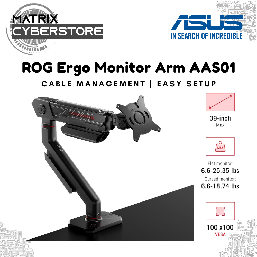 ASUS ROG Ergo Monitor Arm AAS01 - Cable Management, Ergonomic, supports ...