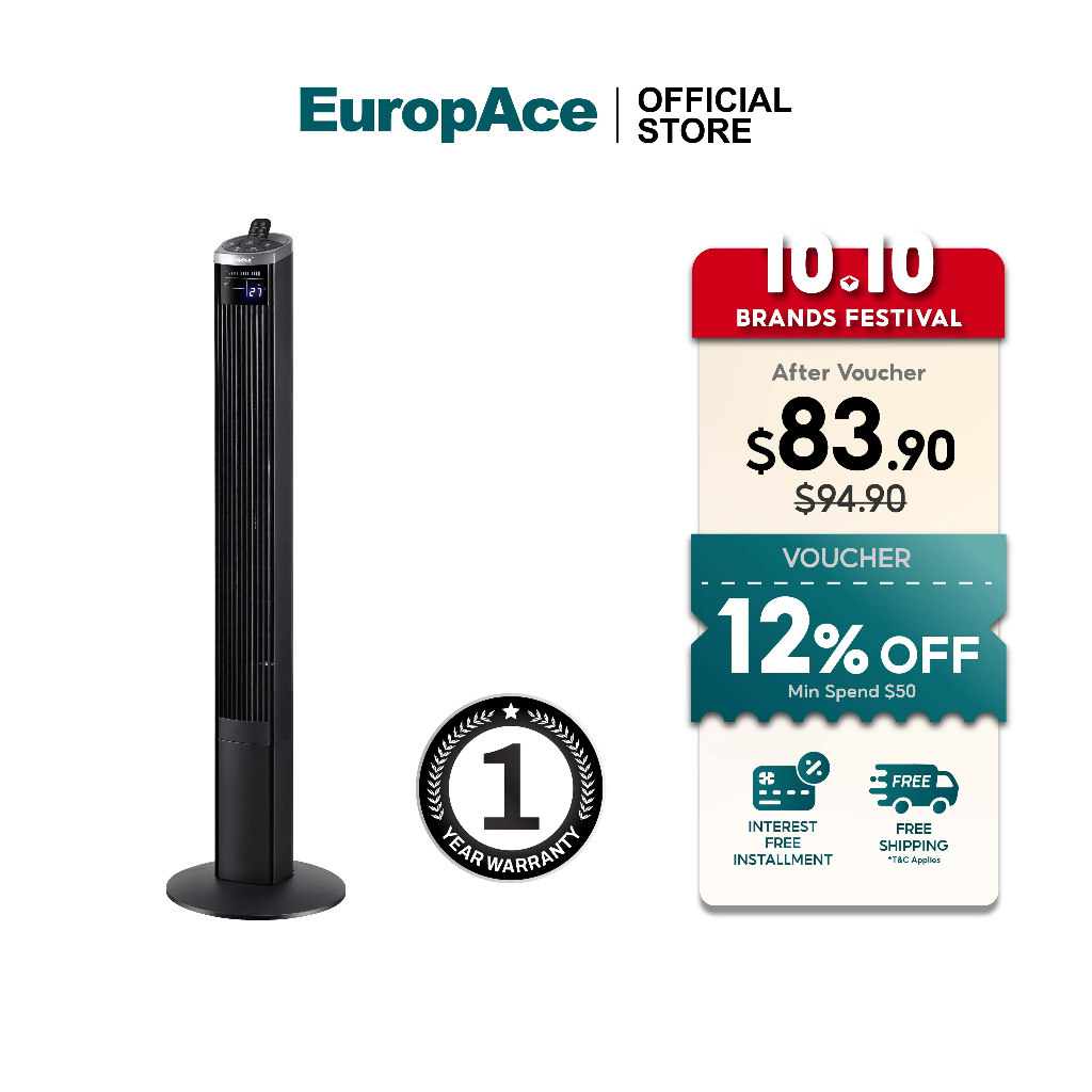 EuropAce 1.2M Tall Tower Fan -ETF 1129A | Safe for Child, 3-Speed Fan ...