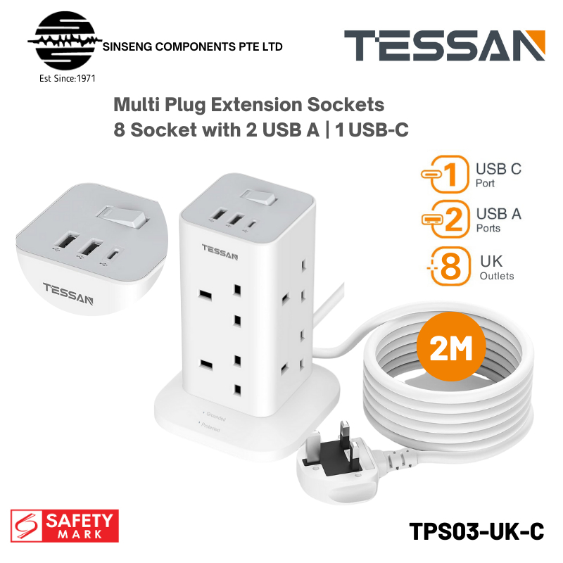 TESSAN TPS03 8 Socket Plug Multi Plug Extension Socket with 2 USB and 1 ...