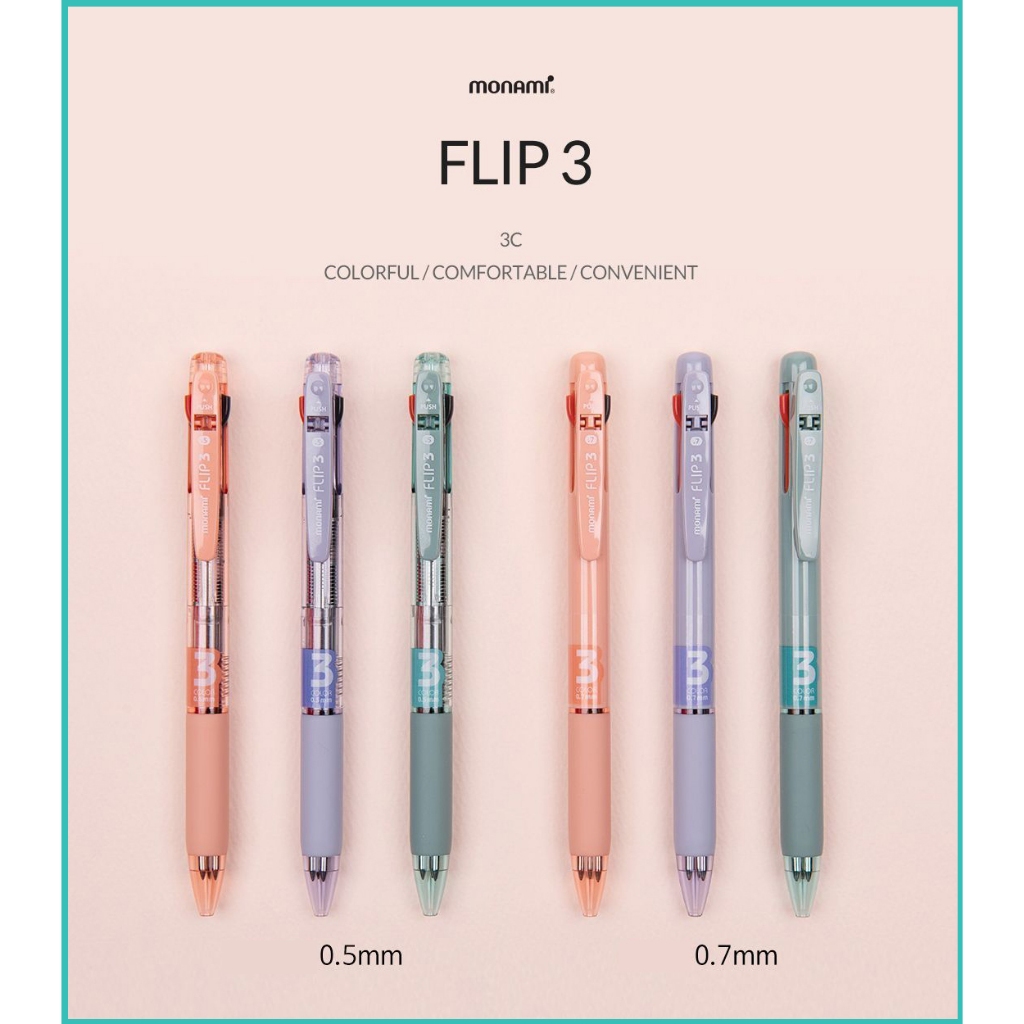 MONAMI Flip3 Dozen Box (12PCS) Tri-Color Multi 0.38MM, 0.5MM, 0.7MM Ballpoint Pen [Made In Korea ...