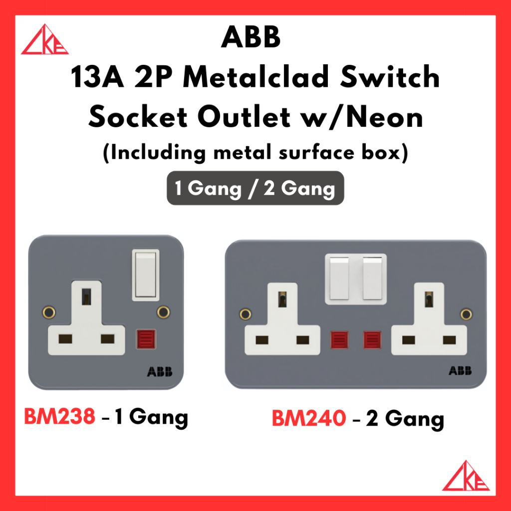 ABB【1 Gang/2 Gang】13A 2P Metalclad Switch Socket Outlet with Neon ...
