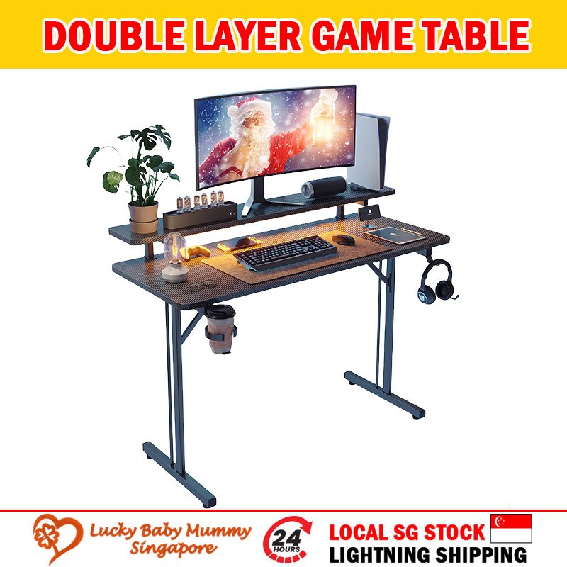 T-Shaped Gaming Table with Shelf Carbon Fiber Computer Desk Home Office ...