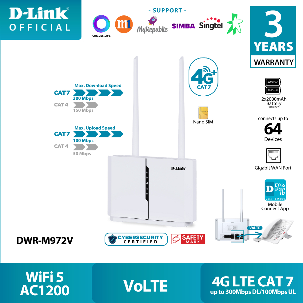 D-Link DWR-M972V 4G LTE Cat 7 | 4G AC1200 LTE Gigabit Dual Band Mobile Wireless WiFi Hotspot ...