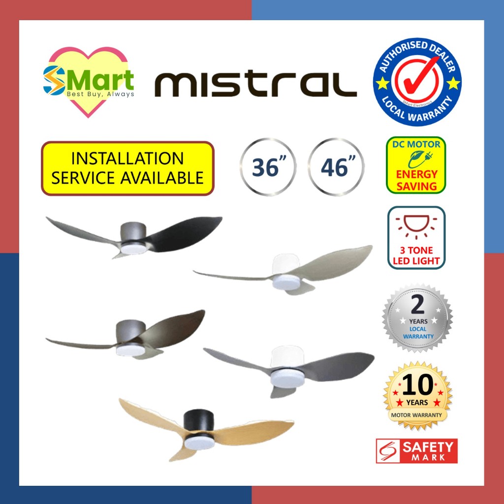 Mistral Solar DC Motor Ceiling Fan with 3 Tone Dimmer LED Light Kit and ...