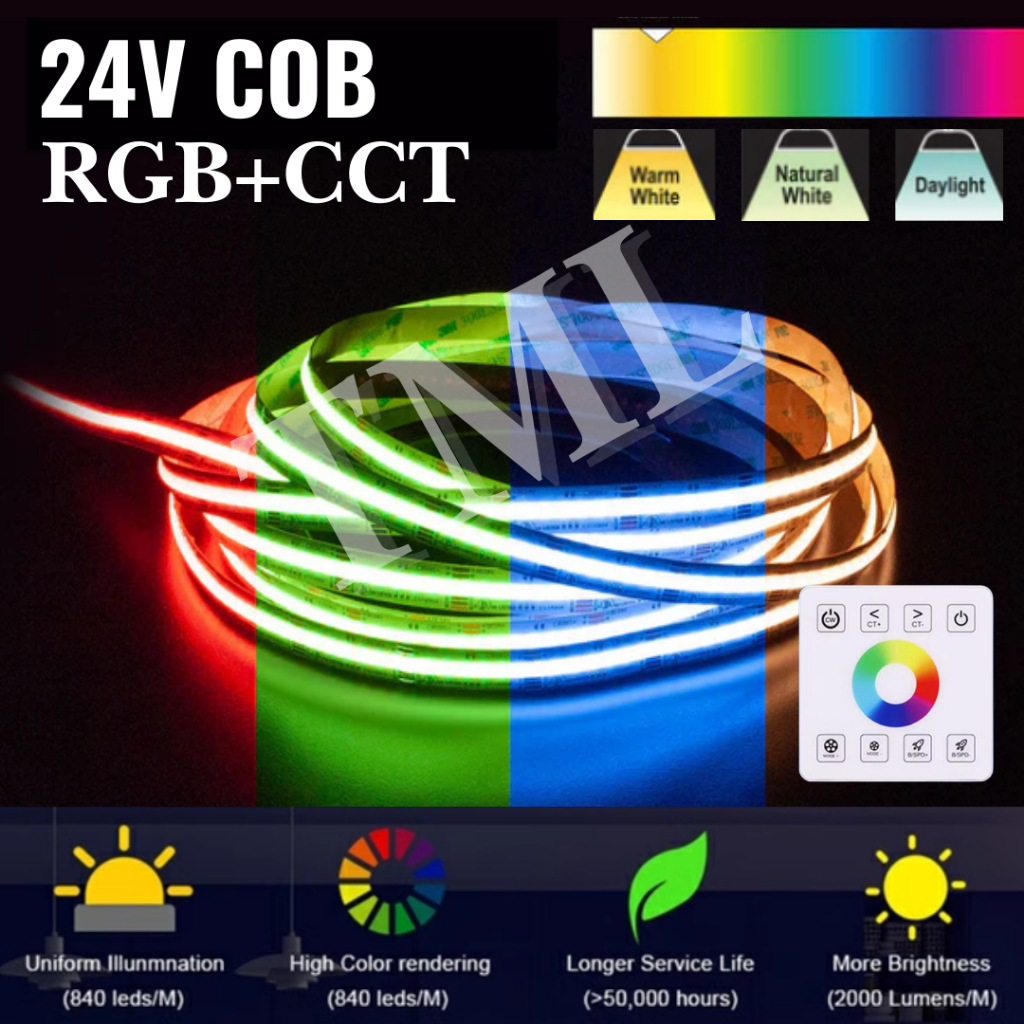 24V RGBCCT RGBCW Dimmable COB LED Strip 840 LEDs 12mm High Density ...