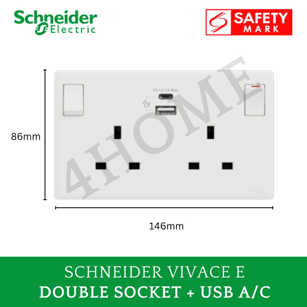 Schneider Vivace E White Single Double Socket with USB A USB C– Safety ...