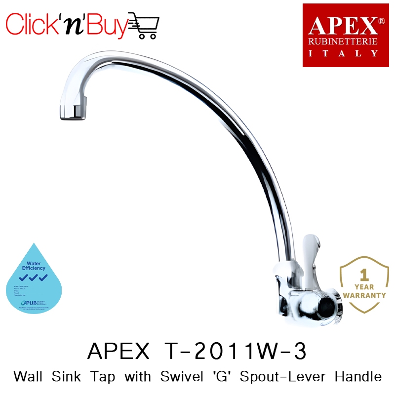 APEX T-2011W-3 Wall Sink Tap with Swivel 'G' Spout-Lever Handle. L260 x ...