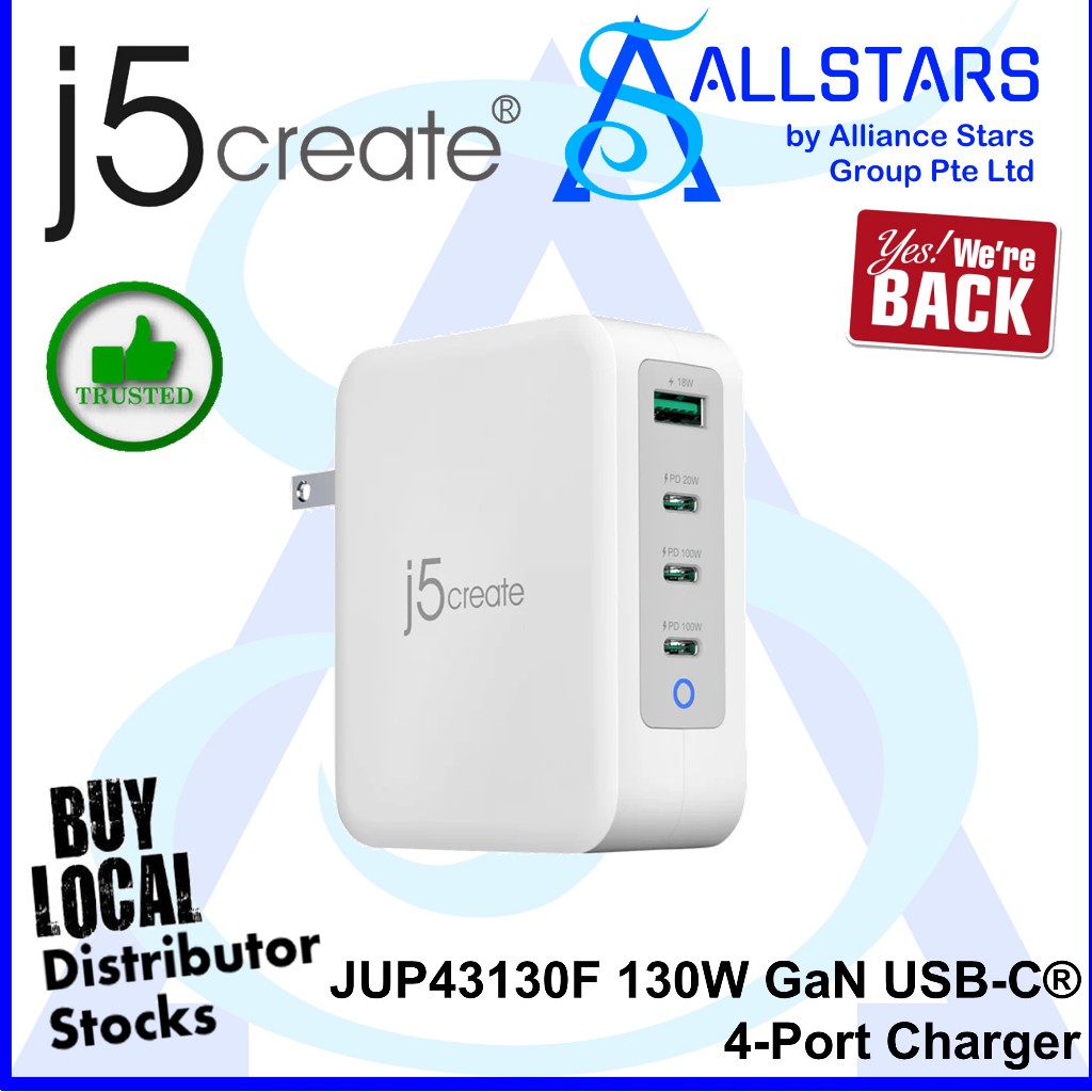 (ALLSTARS) J5create JUP43130F 130W GaN USB-C 4-Port Charger (Warranty 2years with Local ...