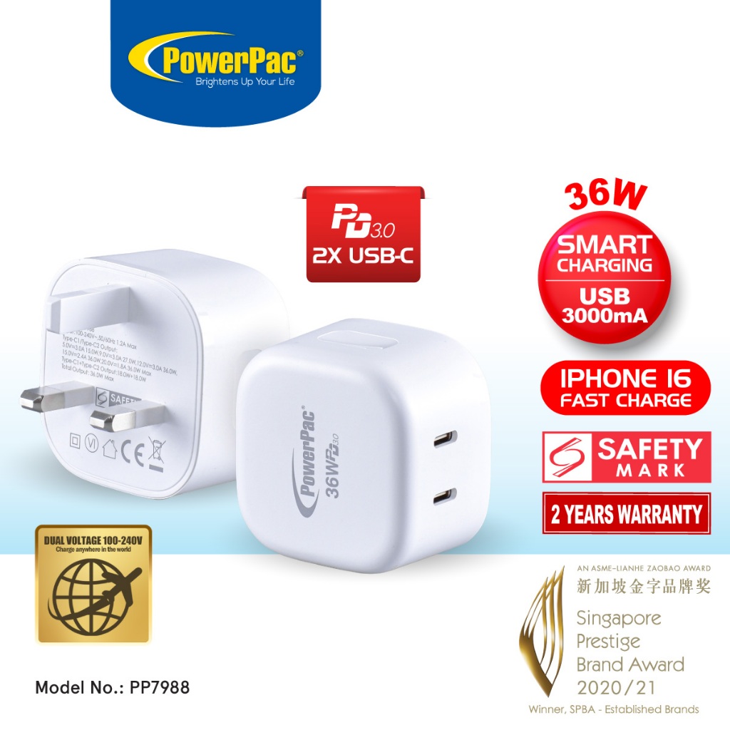PowerPac 36W USB Charger USB-C | PD 3.0 USB Charger WITH 2x TYPE C PORT ...