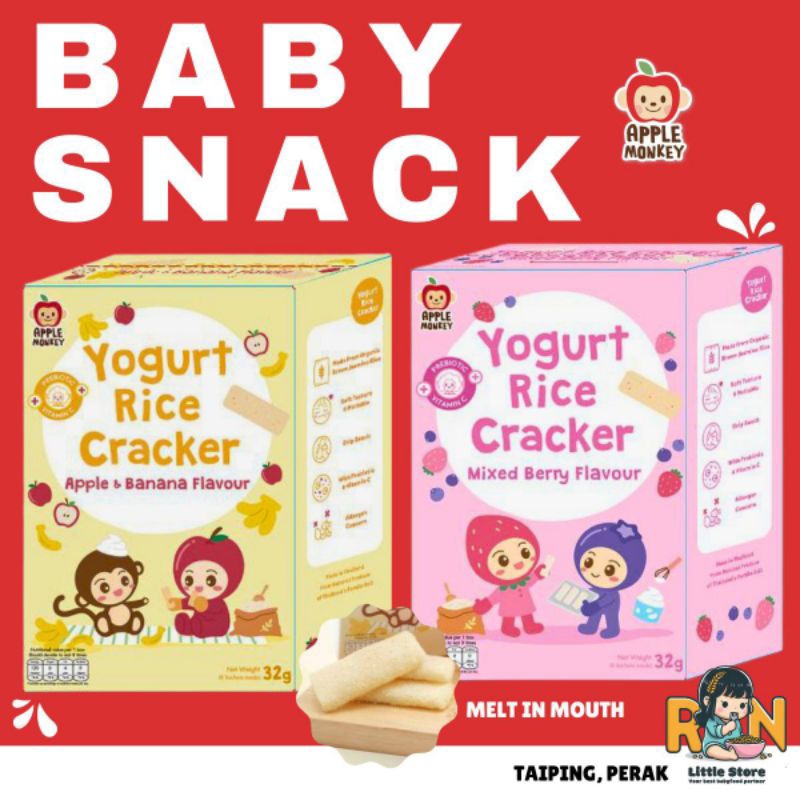 BABY SNACK - APPLE MONKEY Yogurt Rice Cracker Biskut Beras Snek Baby ...