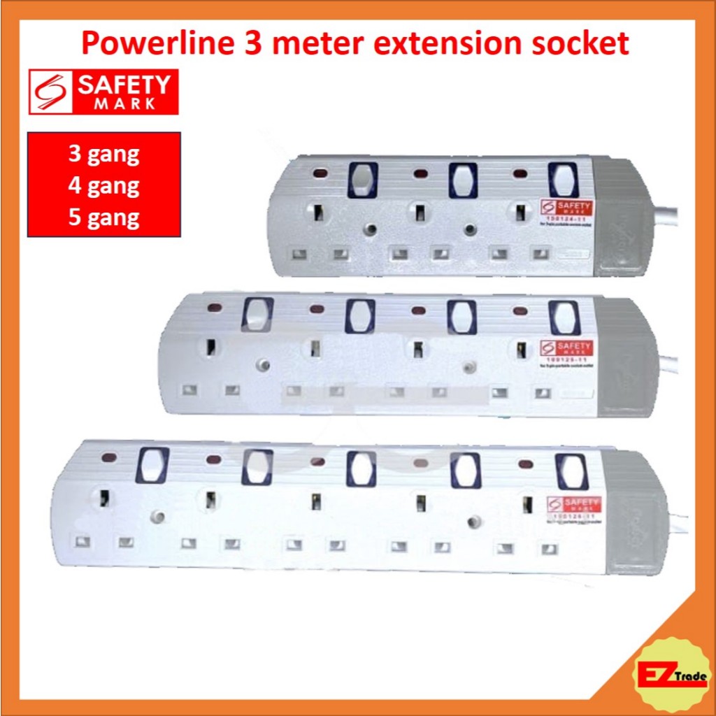 PowerLine 3/4/5 way extention socket 3 Meter adaptor with Safety Mark 3 ...