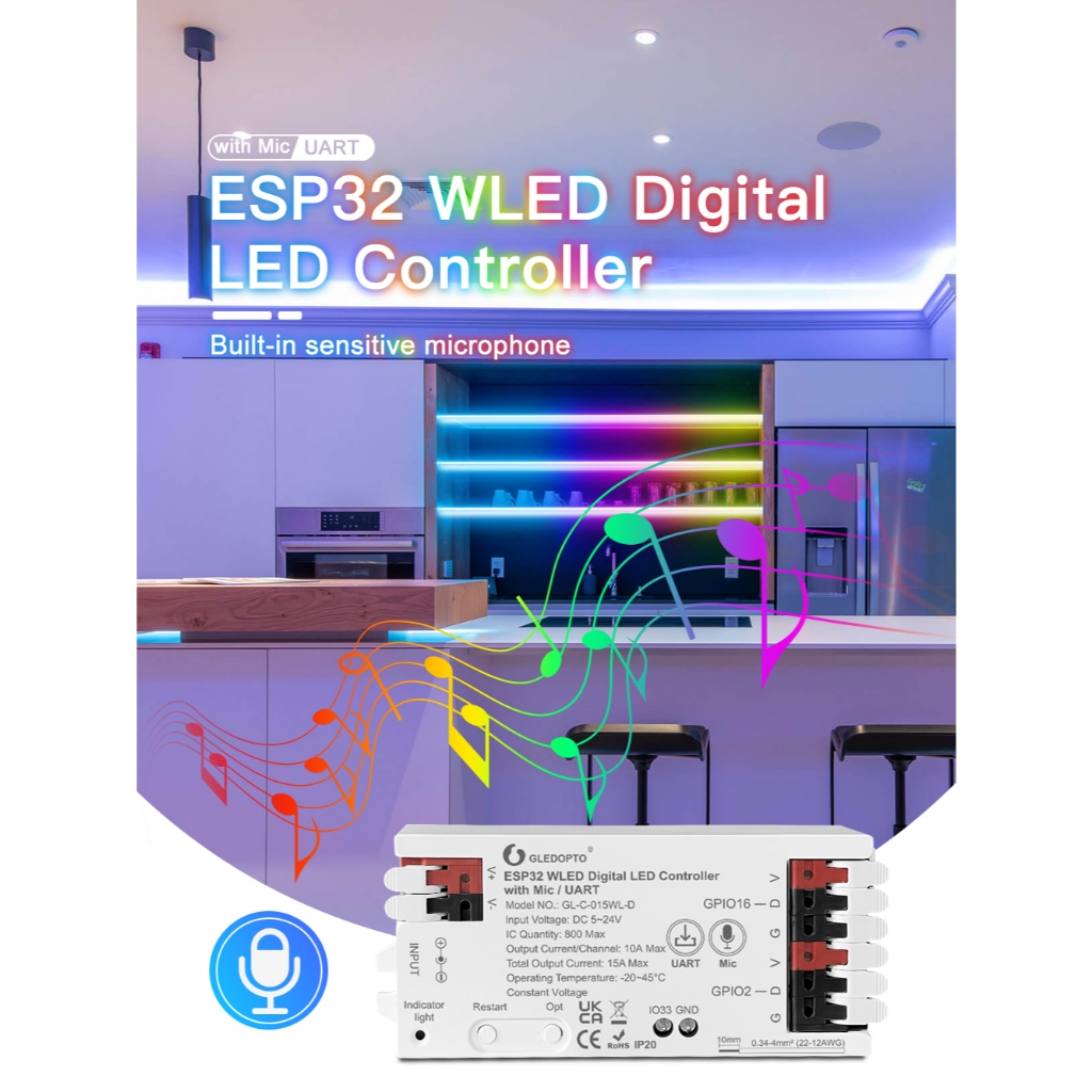 Gledopto ESP32 WLED DIGITAL LED Controller with Microphone, DC 5-24V, max 15A (GL-C-015WL-D ...