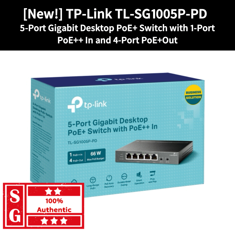 TP-LINK TL-SG1005P-PD 5-Port Gigabit Desktop PoE+ Switch with 1-Port PoE++ In and 4-Port PoE+Out ...