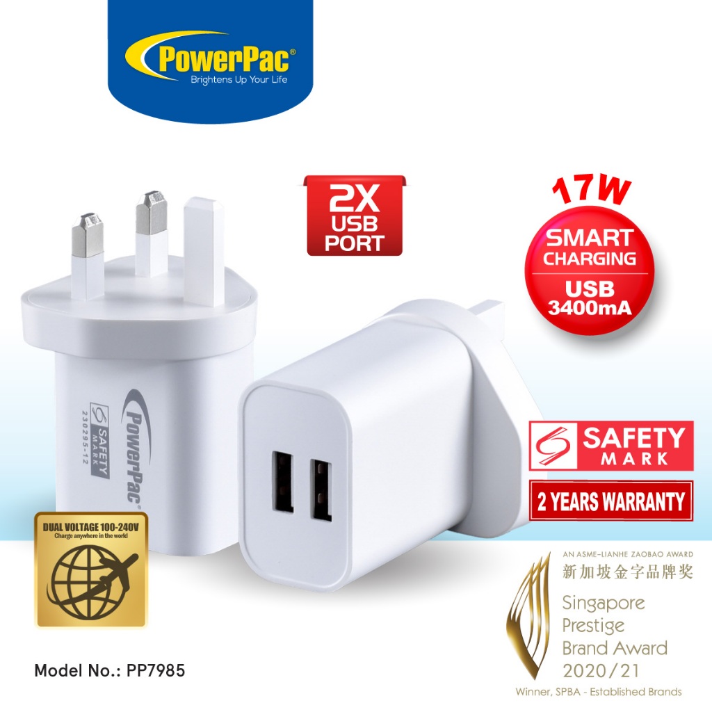 PowerPac 17W Charger Smart Charge 2X USB Charger, Fast Charger | TYPE A ...