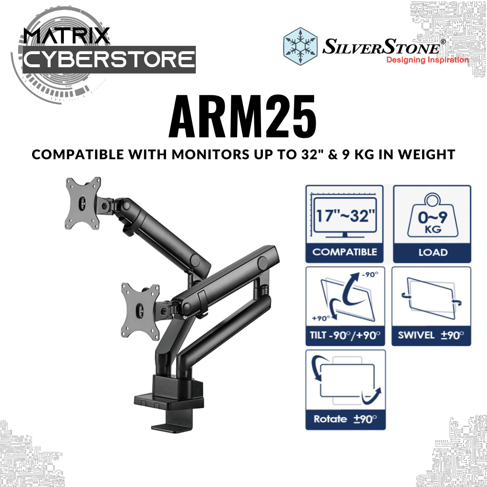 SilverStone ARM25 Dual Monitor Arm - Mechanical Spring Design & Versatile Adjustability | Fits ...