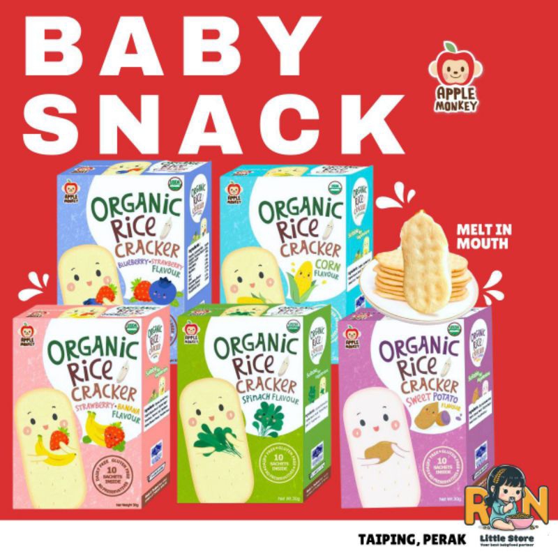 BABY SNACK - APPLE MONKEY Organic Rice Cracker BIskut Beras Baby 6 7 ...