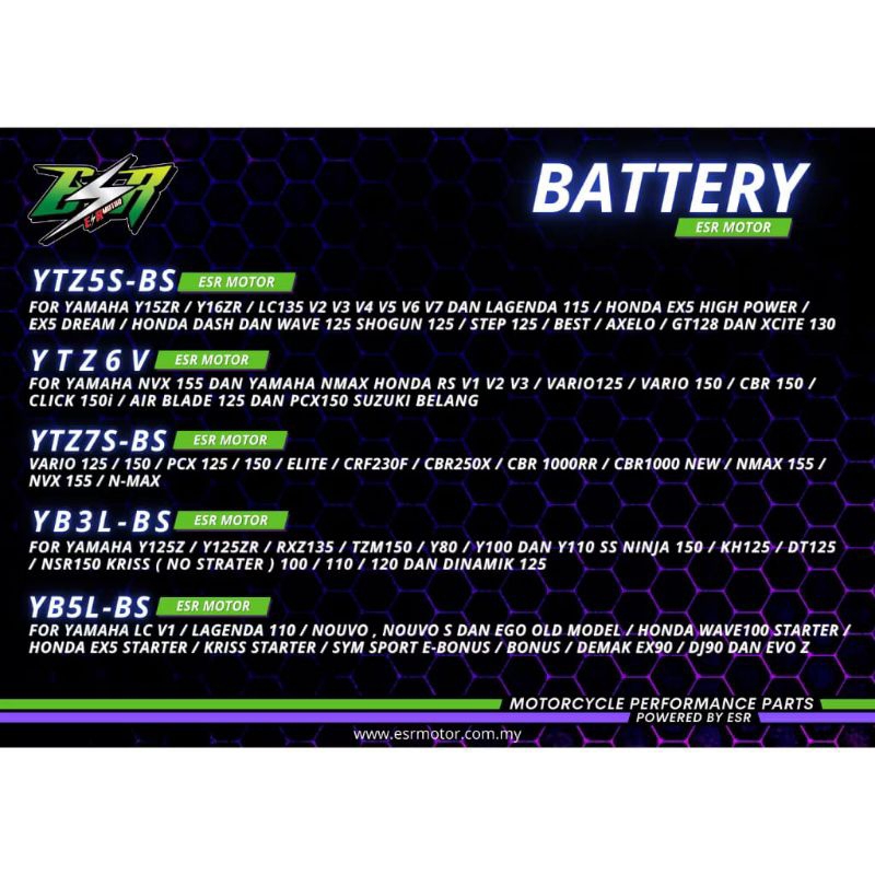 ESR MOTOR BATTERY PICOCELL YTZ5S-BS, YB3L-BS YTZ6V & YB5L-BS | Shopee ...