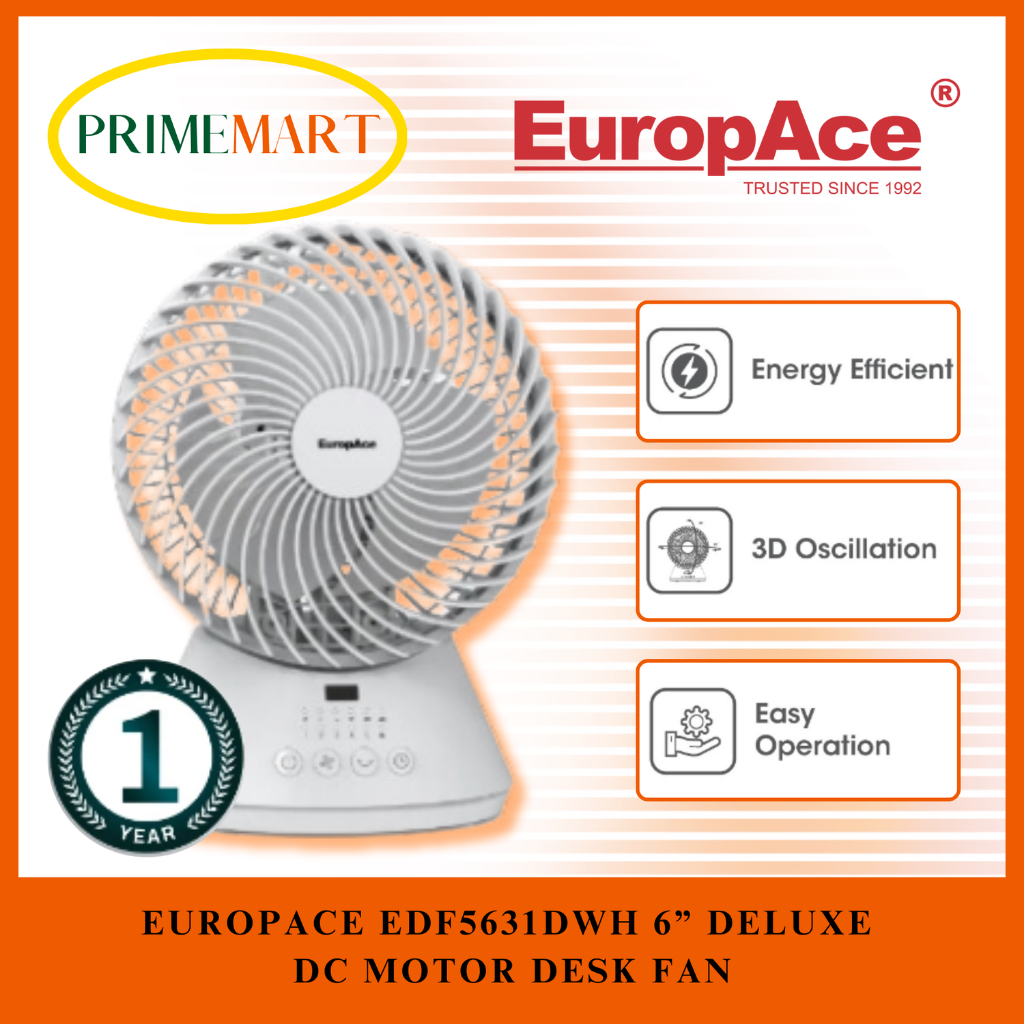 EUROPACE EDF5631DWH 6” DELUXE DC MOTOR DESK FAN + 1 YEAR WARRANTY ...