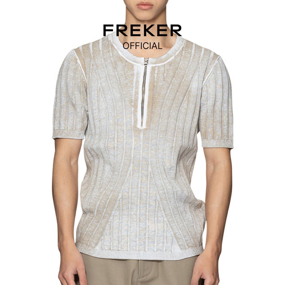 [FREKER] Men's Trendy Dyed Knitted Half Zip-up Short Sleeve Sweater ...