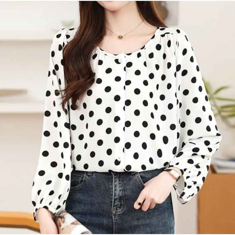 BLOUSE POLKA DOT TEMA RETRO OUTFIT LENGAN PANJANG | Shopee Malaysia