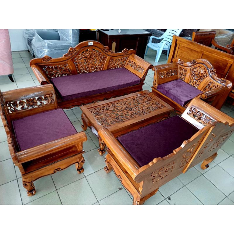 KERUSI KAYU JATI MADURA/SET SOFA JATI INDONESIA (3+2+1+1+MEJA+KACA ...