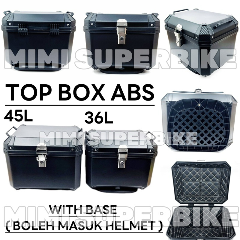 MOTORCYCLE TOP BOX ABS 36L 45L 5L SIAP BASE ( BOLEH MASUK HELMET ) CASE SEGI EMPAT PETAK ALLOY ...