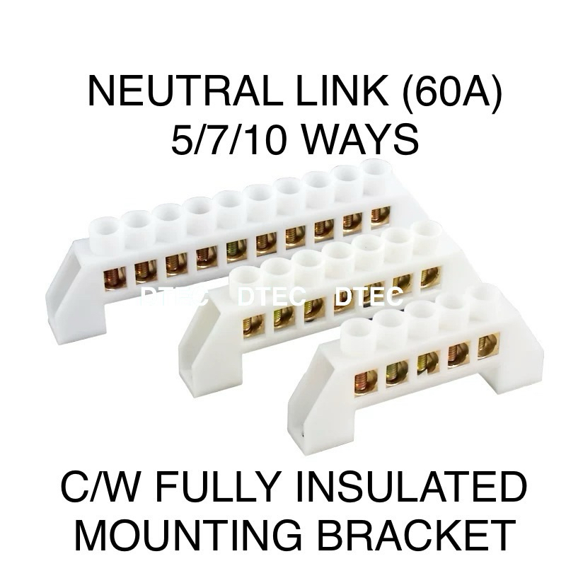 NEUTRAL LINK 60A C/W INSULATED MOUNTING BRACKET - (5WAYS , 7WAYS AND ...