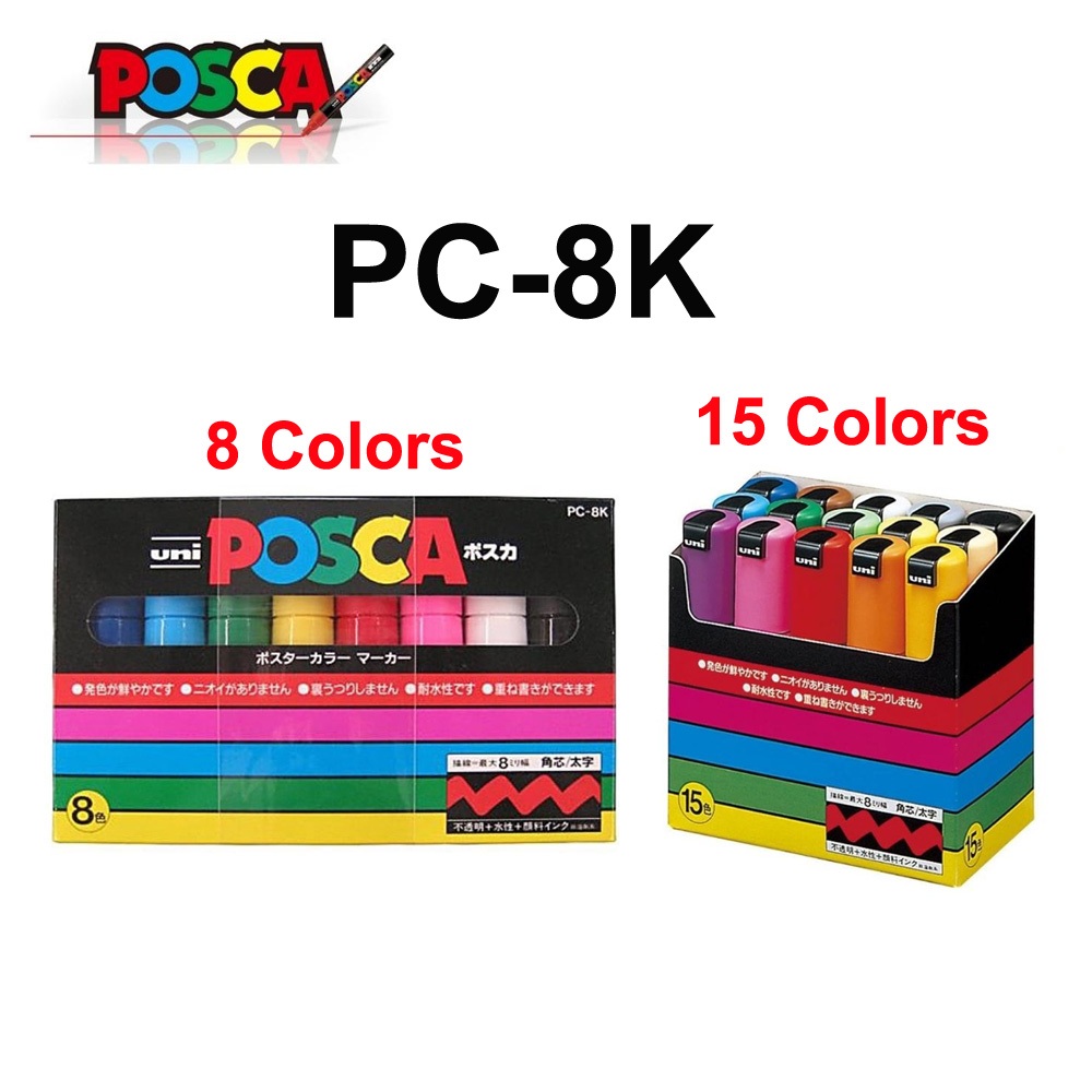 Uni POSCA Paint Marker Pens PC-8K (8mm Broad Tip) | Set of 8 & 15 Color ...