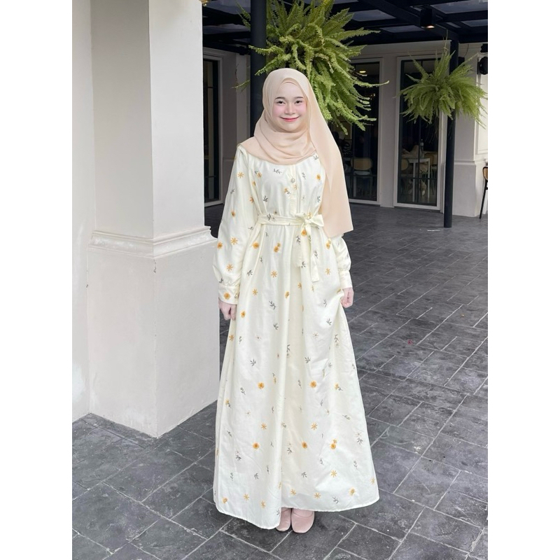 Dress Cotton Cream Sulam Bunga embroidery Premium full lining Jubah ...