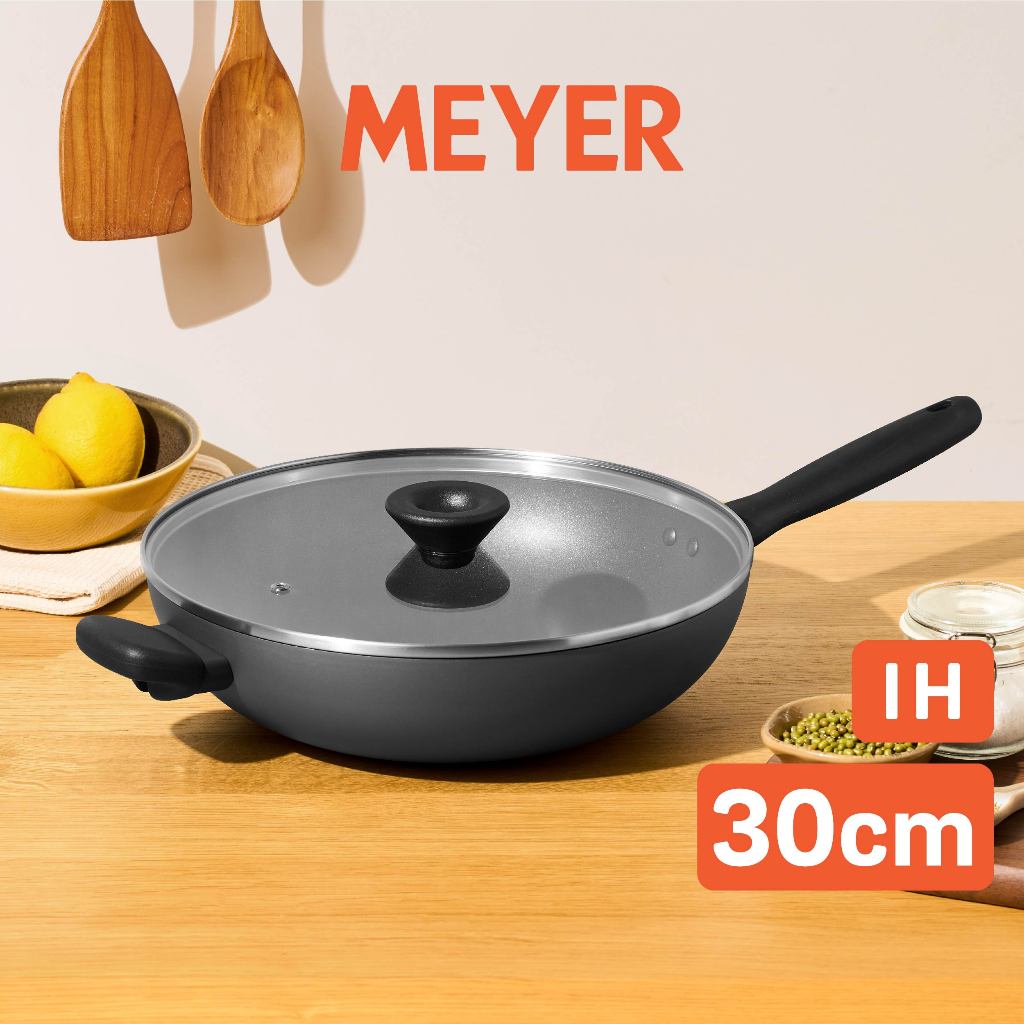 Meyer Bauhaus Series Nonstick Induction 30cm Stirfry with Glass Lid and Helper Handle (Sesame ...