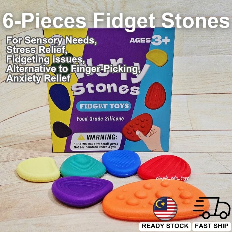 6pcs Fidget Stones Silicone Stress Relief Toy Kids Sensory Tool for ...