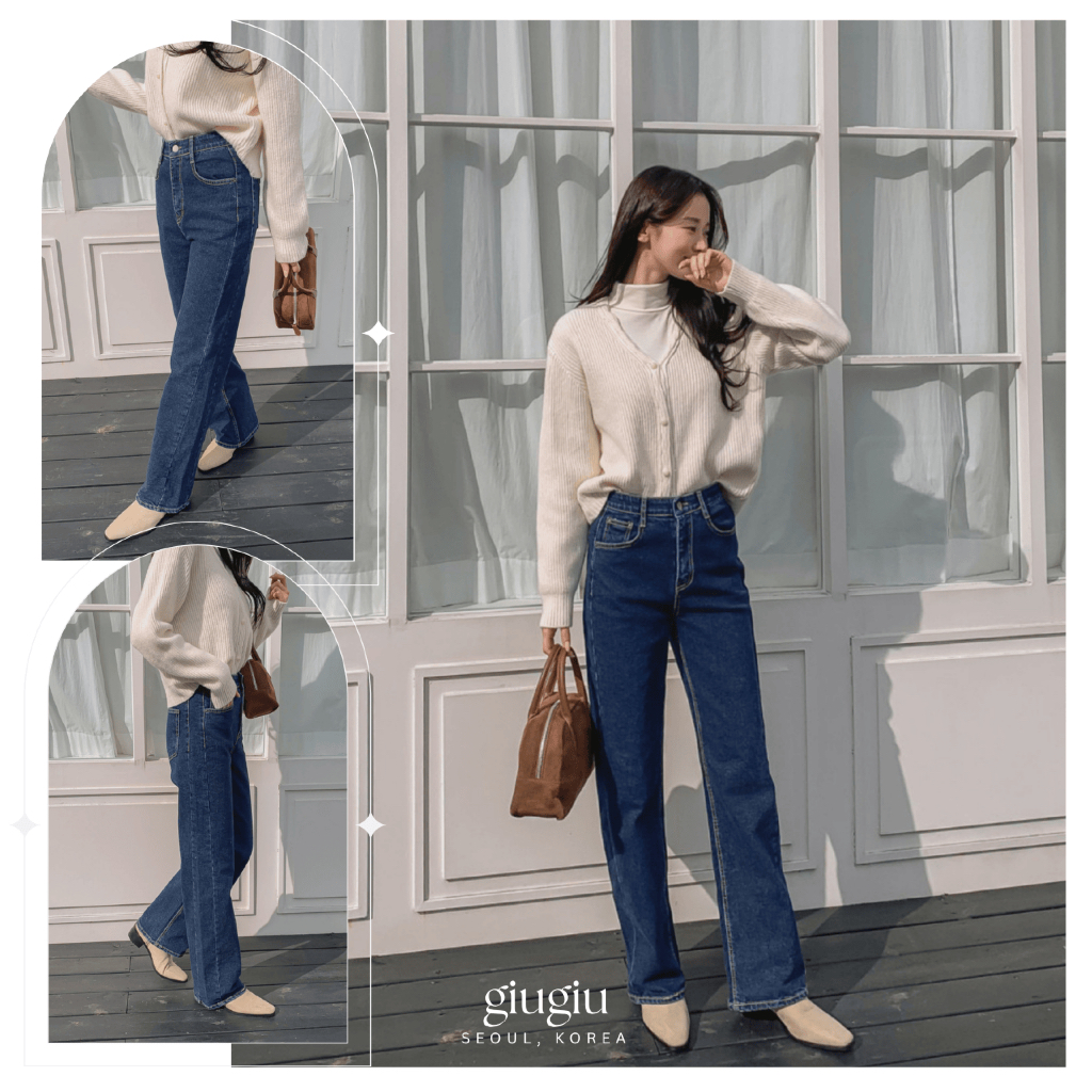[ Made in Korea ] GIUGIU 826 Wide Deep Blue Fleeced Line Denim Pants ...