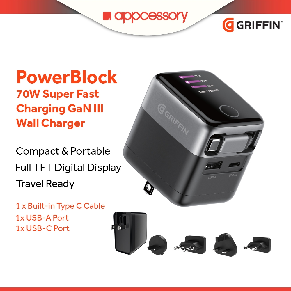 Griffin Powerblock 70W GaN TFT Display Wall Charger with Retractable ...