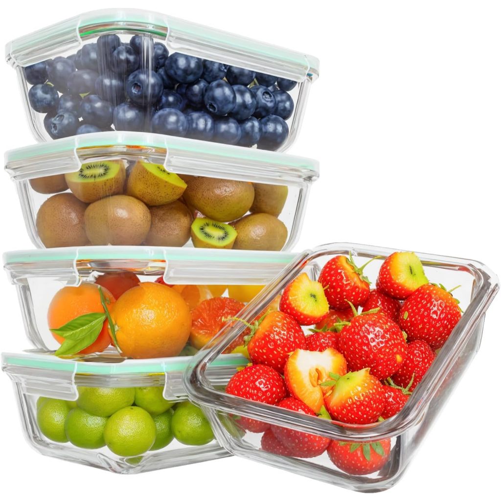 Feshory 5 Pack Airtight Glass Food Storage Containers with Lids (1040 ...