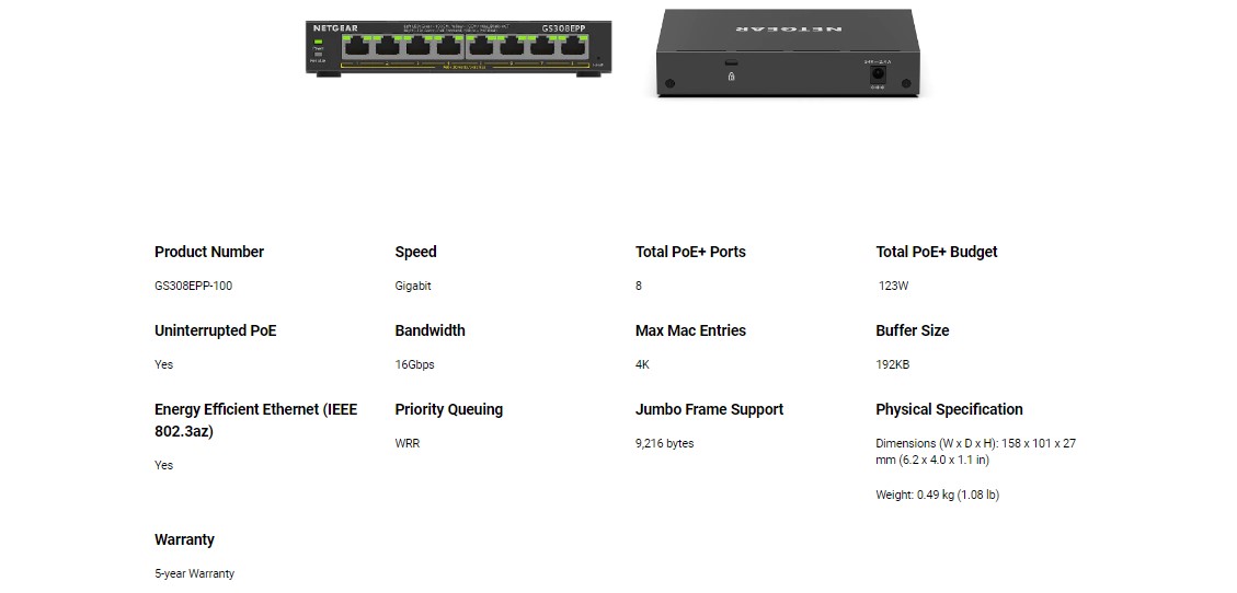NETGEAR GS308EPP 8-Port PoE+ Gigabit Managed Desktop Switch (123W ...