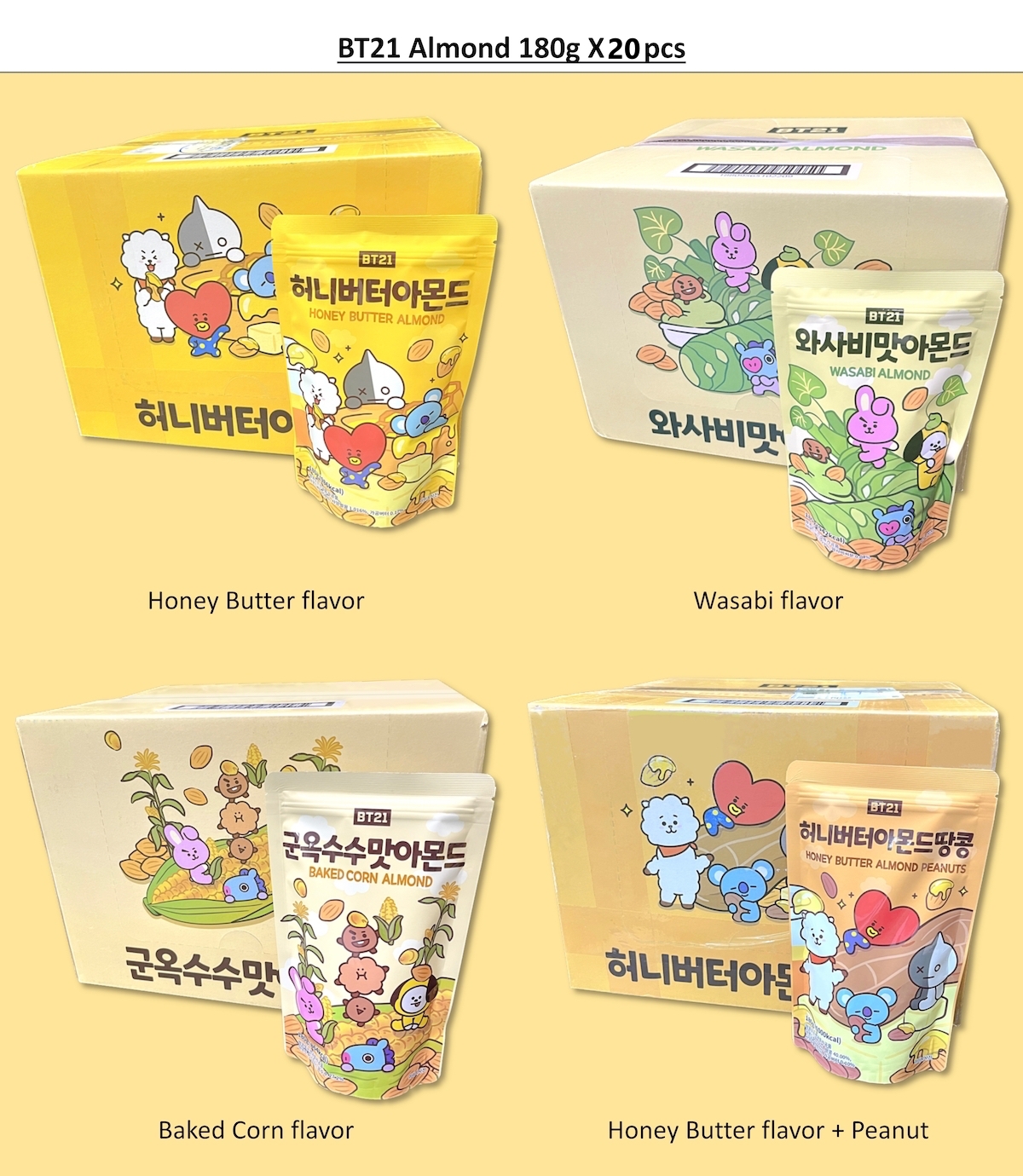 BT21 Honey butter Almond, Wasabi Almond, Baked Corn Almond, Honey ...