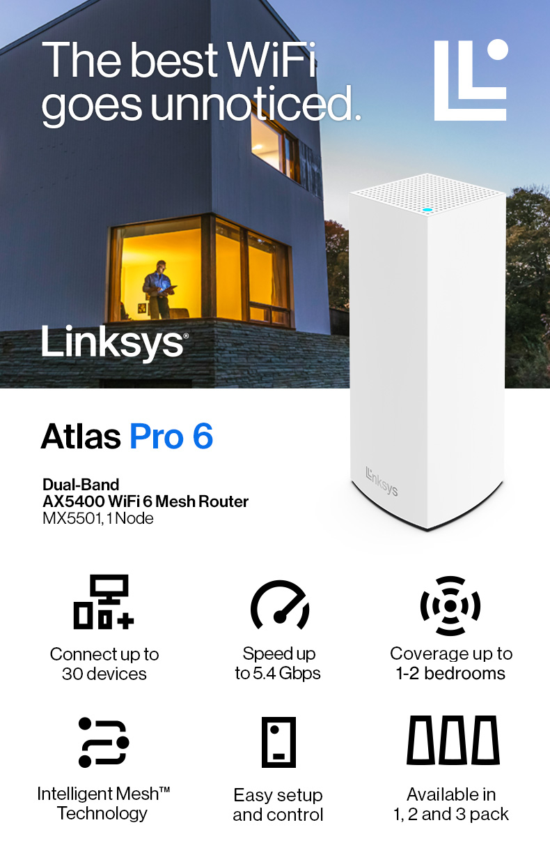 Linksys Atlas Pro 6: AX5400 Dual Band Mesh WiFi 6 Router (MX5501, 1 Pack), Wi-Fi 6 Mesh System ...
