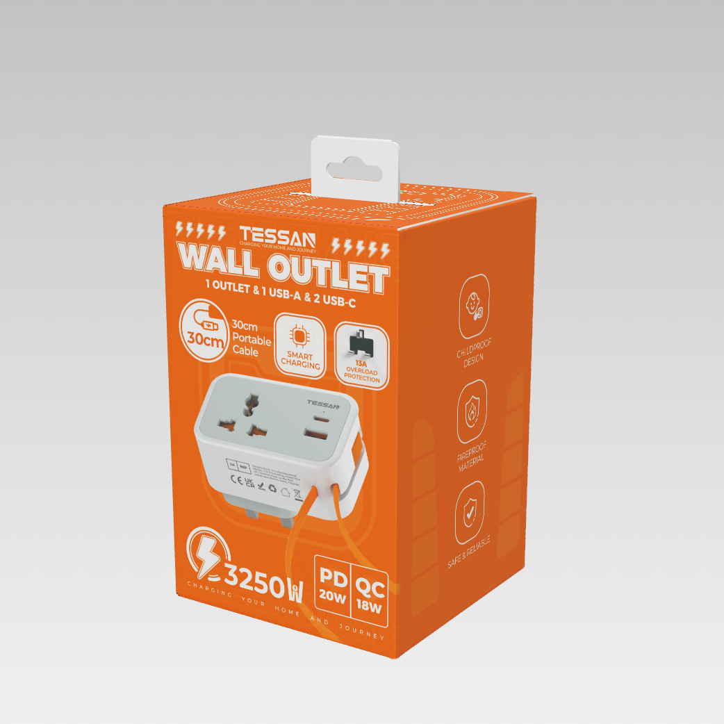 TESSAN - PD 20W Universal Wall Multi Plugs Cable Extension Socket with ...