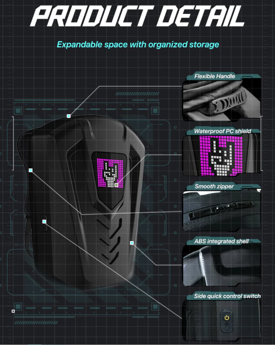 LOY Pixel Ranger Led Backpack with Waterproof and customizable pixel art display and in app ...
