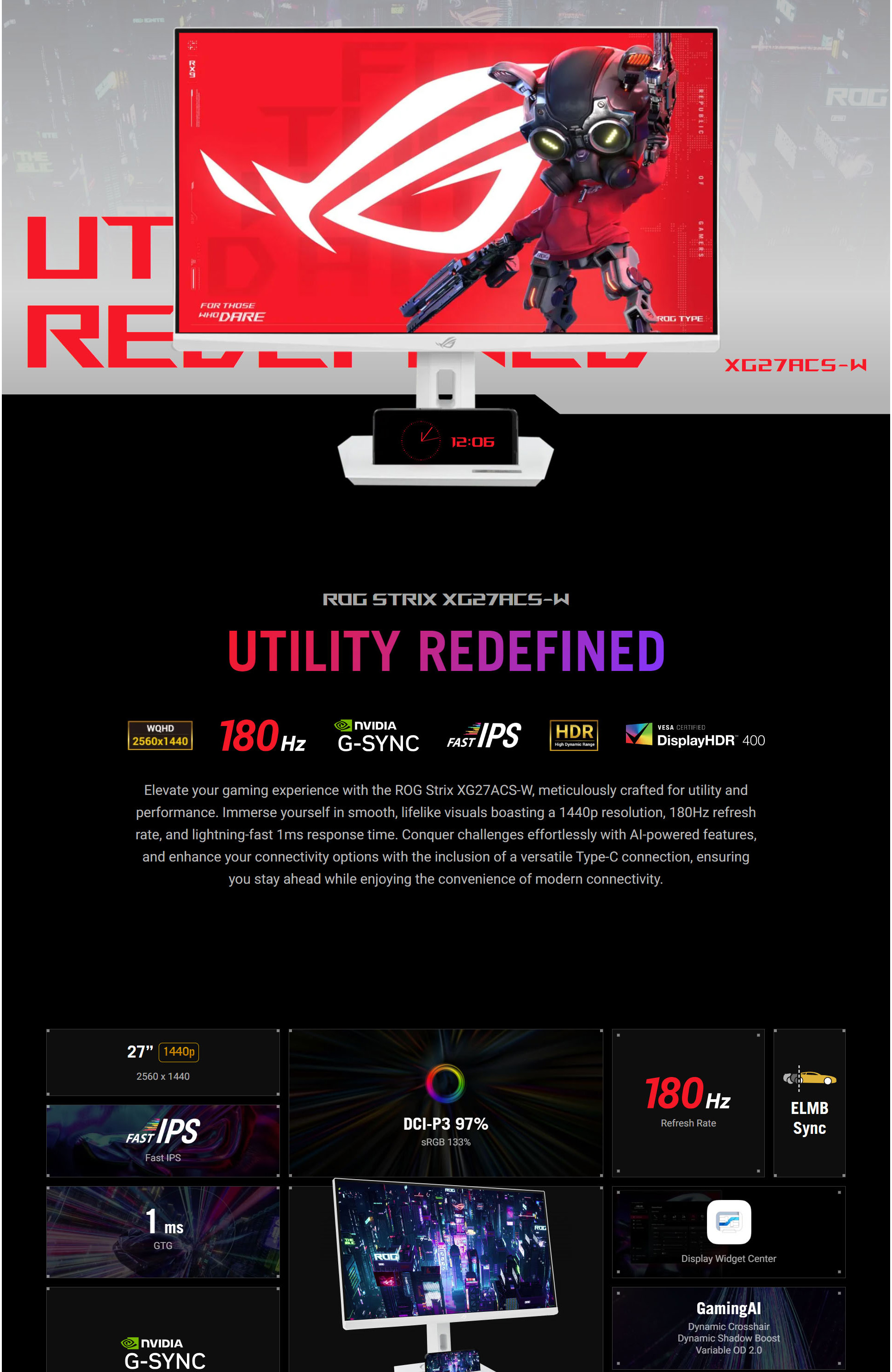 Asus ROG Strix XG27ACS-White - 27-inch QHD 180Hz Fast IPS Gaming ...
